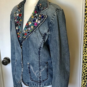 SALE Denim Rhinestone Jacket, Hand Sewn Multi Color Rhinestone Denim ...