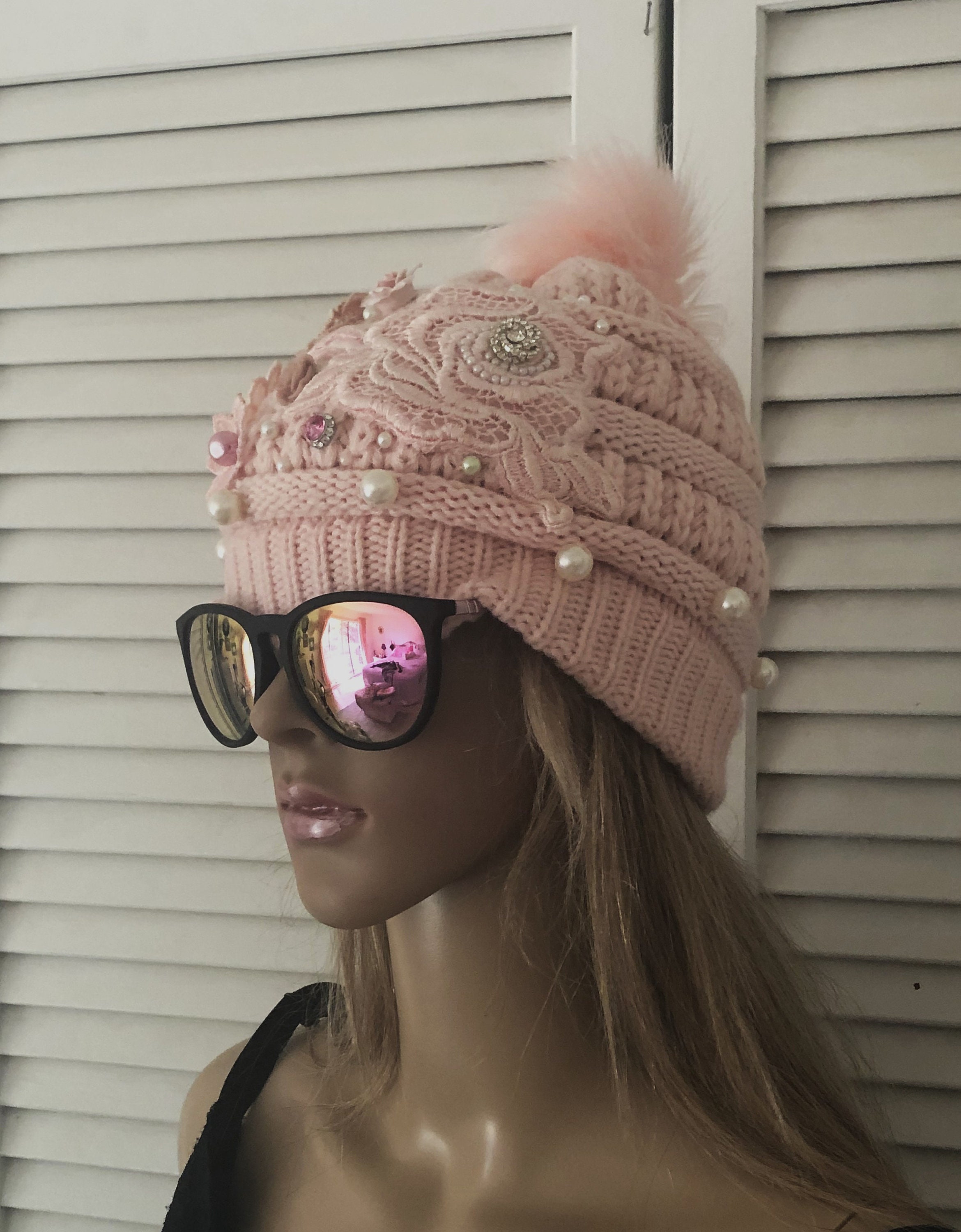 Pink Knit Wool Boho Hat, Glam Beanie Pompom, Embellished Winter Hat ...