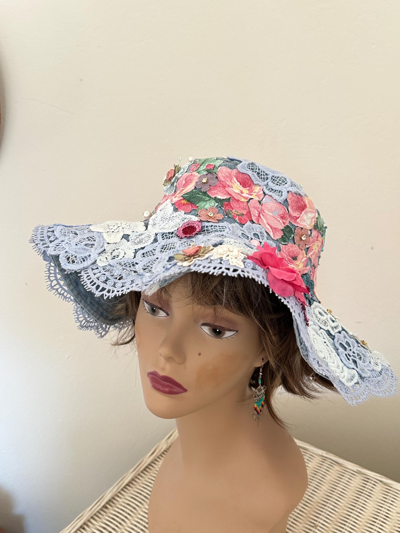 Shabby Chic Lace Bucket Hat: Handmade Crochet Floral Boho Sun Hat, Blue ...