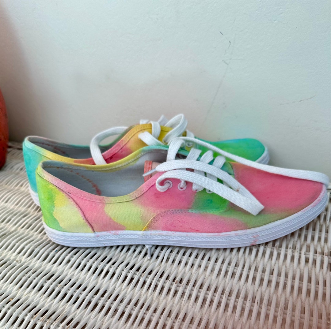 Hand Painted Sneakers Rainbow Watercolor Flat Tennis Shoes - Etsy