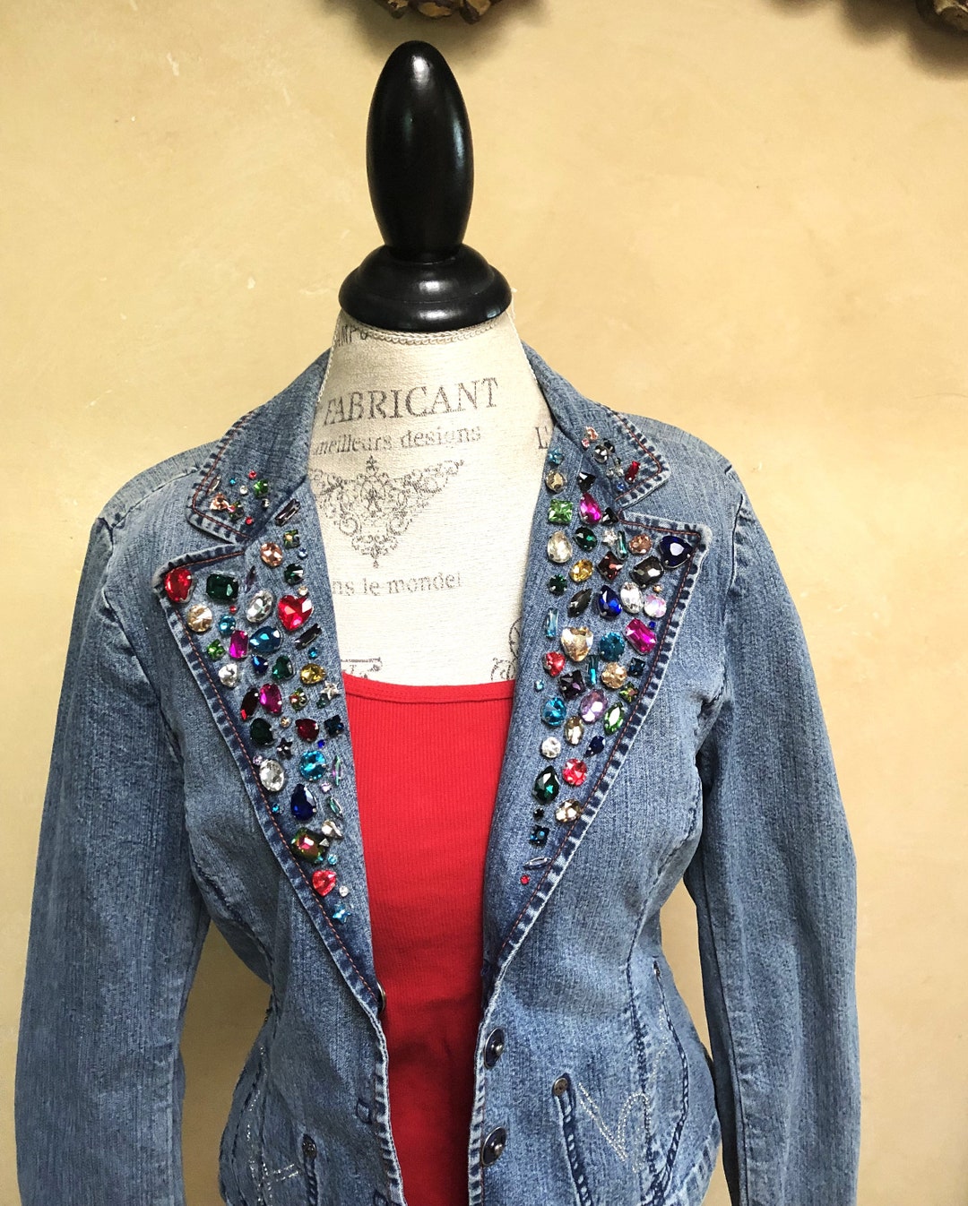 SALE Denim Rhinestone Jacket, Hand Sewn Multi Color Rhinestone Denim ...