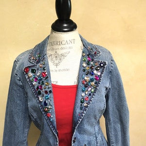SALE Denim Rhinestone Jacket, Hand Sewn Multi Color Rhinestone Denim ...