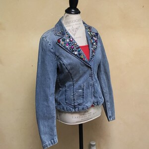 SALE Denim Rhinestone Jacket, Hand Sewn Multi Color Rhinestone Denim ...