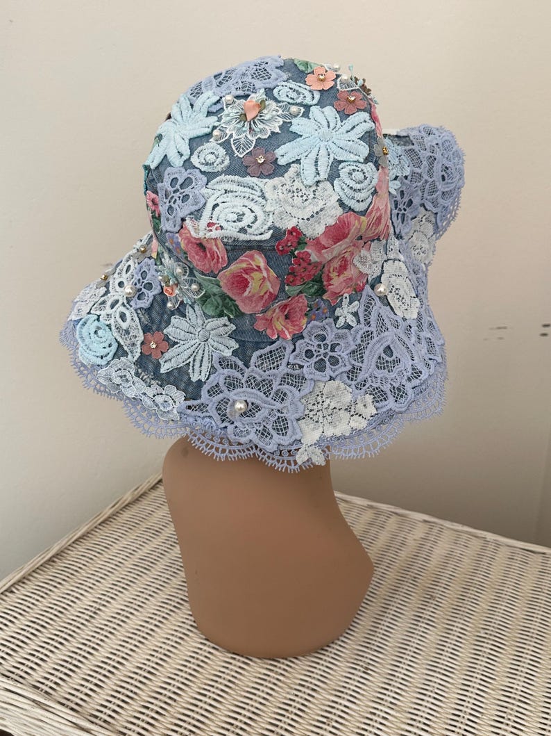 Shabby Chic Lace Bucket Hat: Handmade Crochet Floral Boho Sun Hat, Blue ...