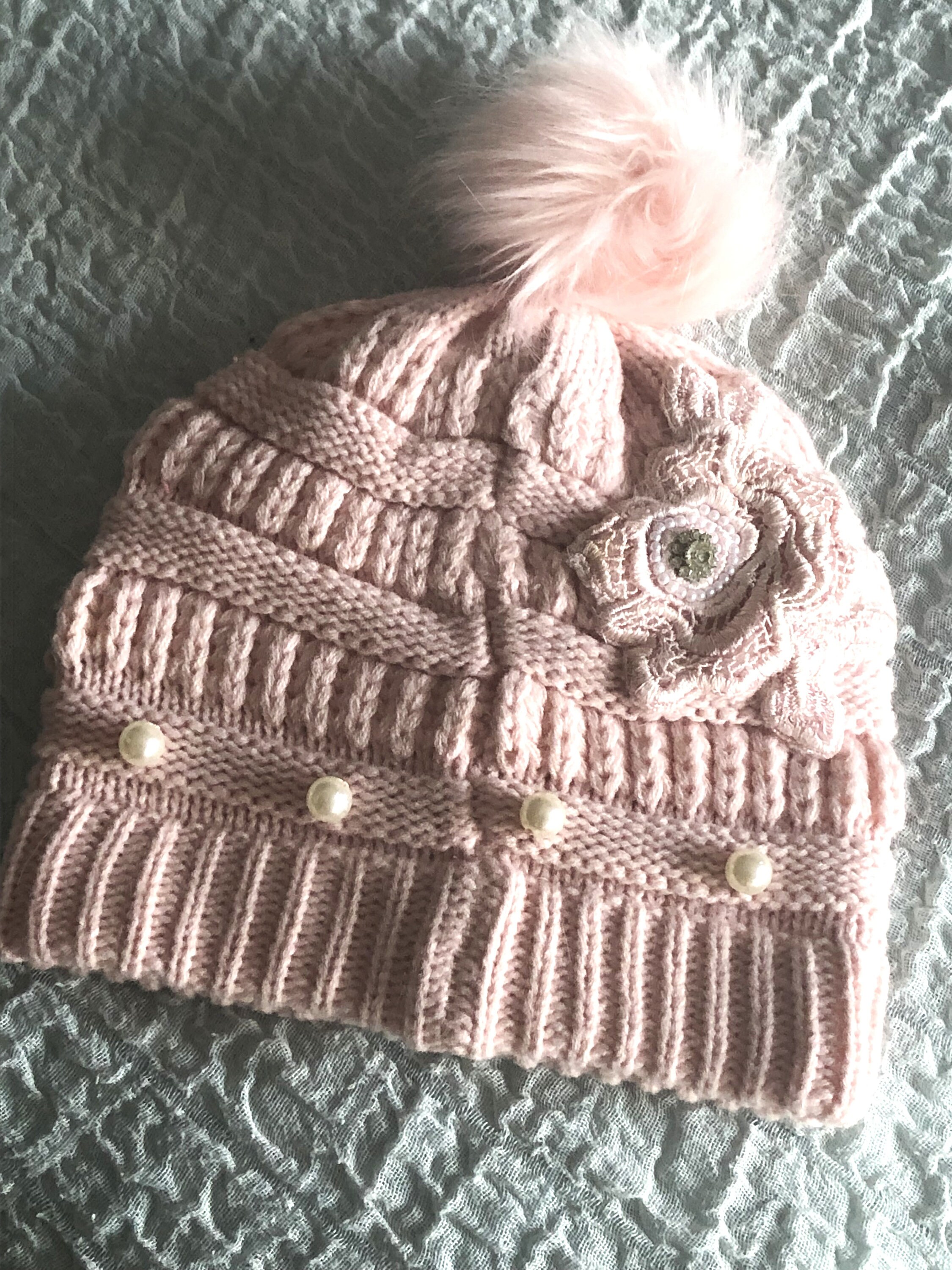 Pink Knit Wool Boho Hat, Glam Beanie Pompom, Embellished Winter Hat ...