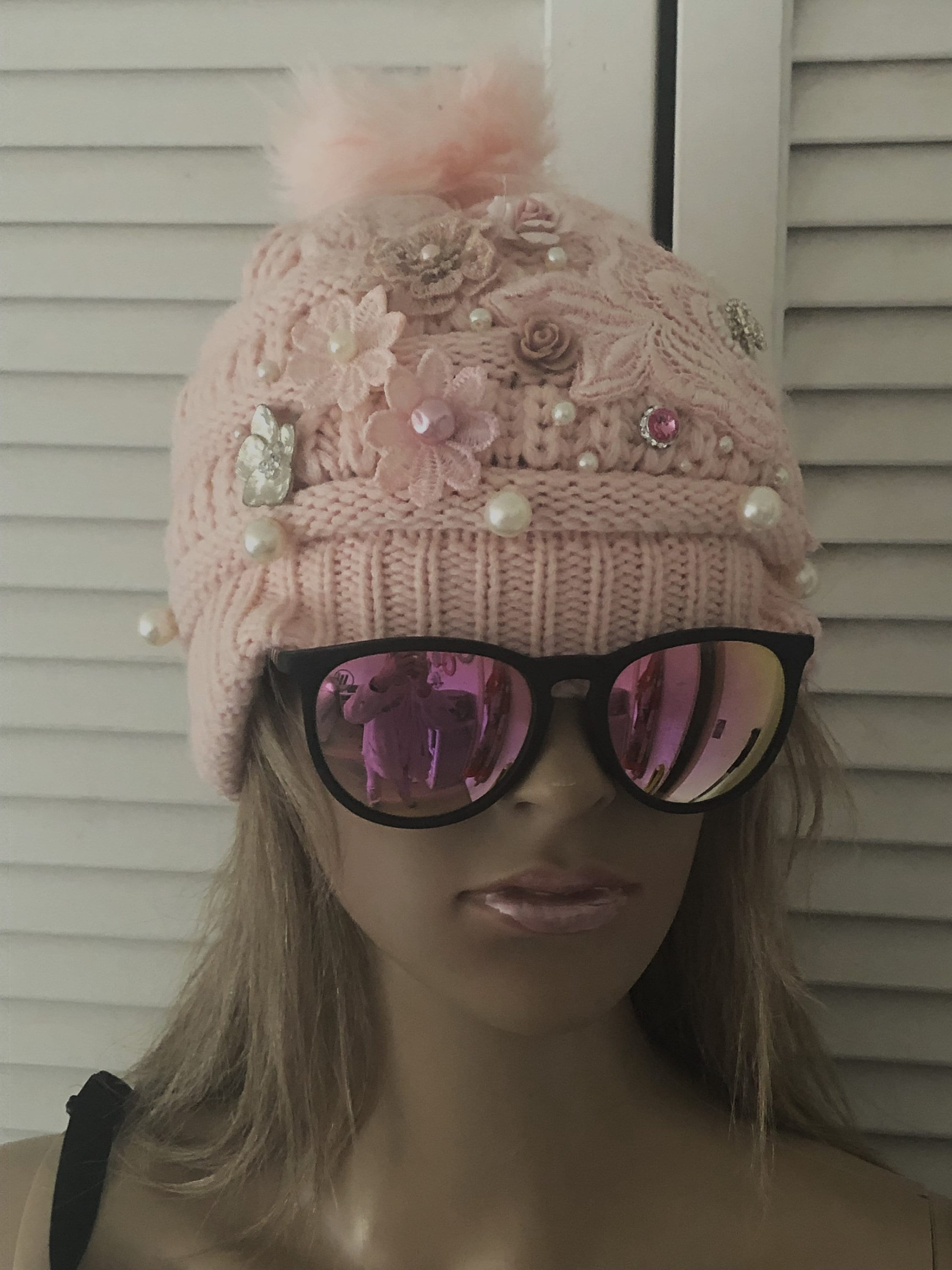 Pink Knit Wool Boho Hat, Glam Beanie Pompom, Embellished Winter Hat ...