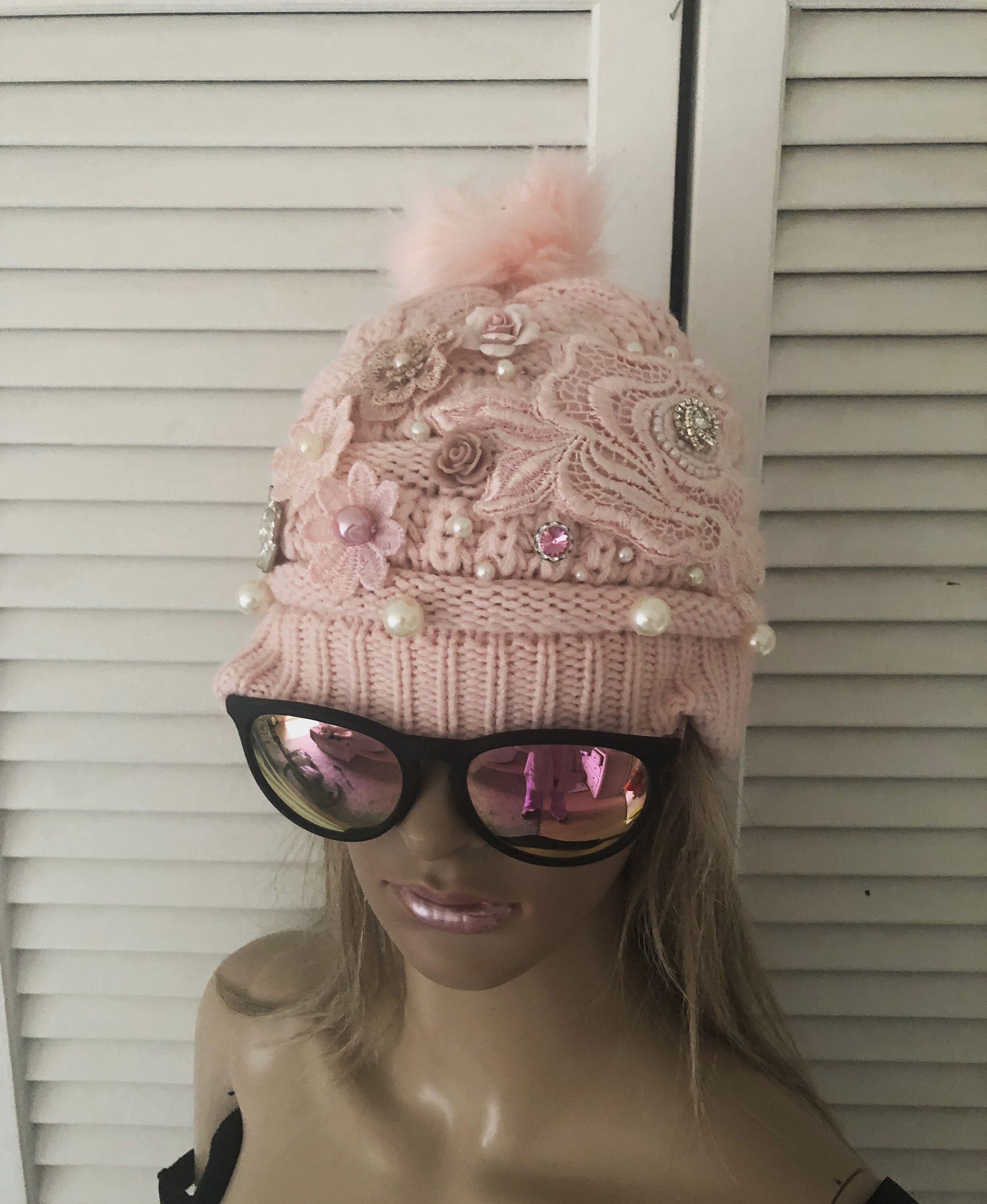 Pink Knit Wool Boho Hat, Glam Beanie Pompom, Embellished Winter Hat ...