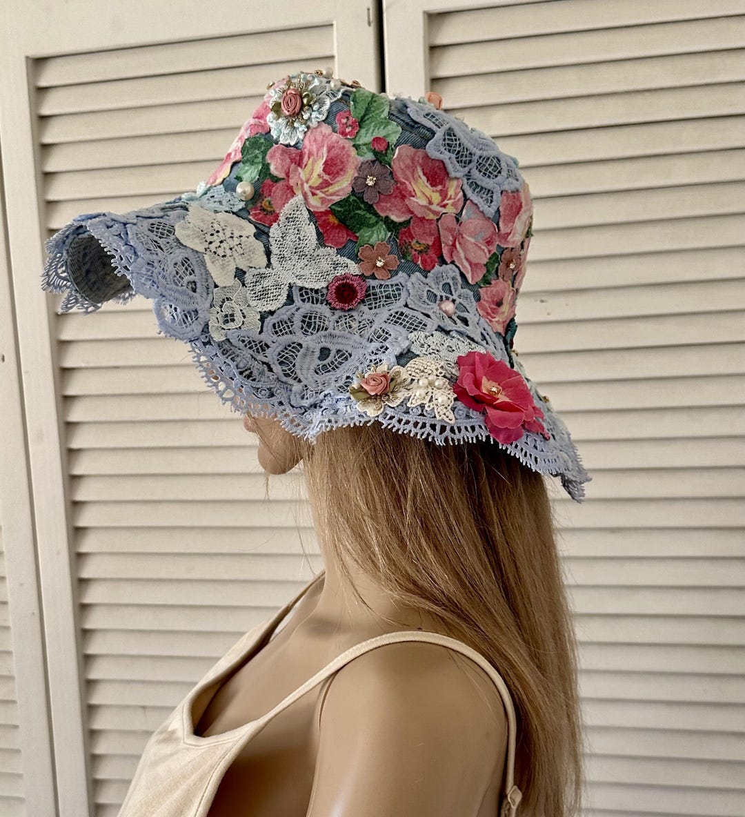 Shabby Chic Lace Bucket Hat: Handmade Crochet Floral Boho Sun Hat, Blue ...