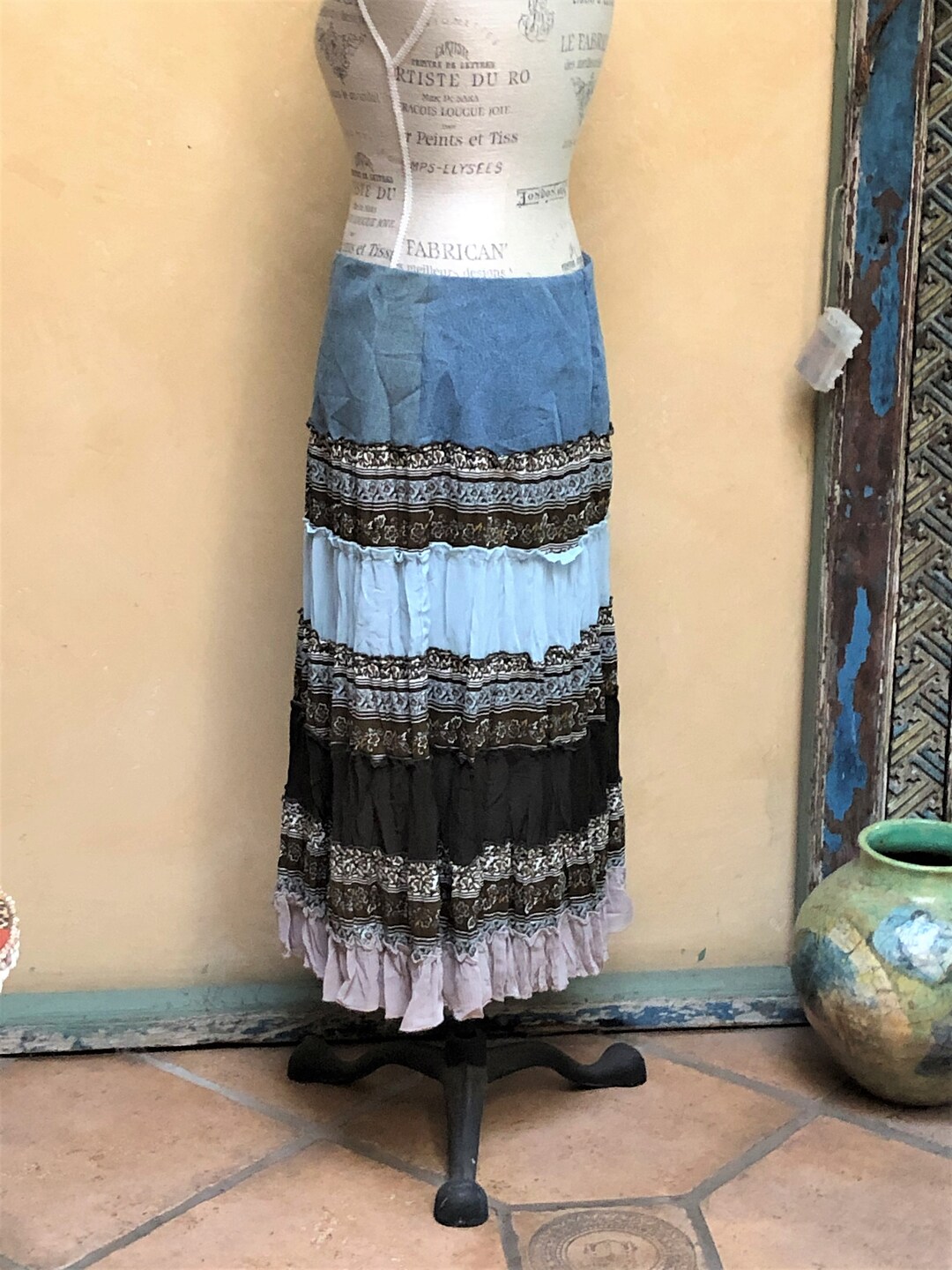 Vintage Denim Cotton Ruffle Skirt, Crinkle Cotton Denim Skirt, Below ...