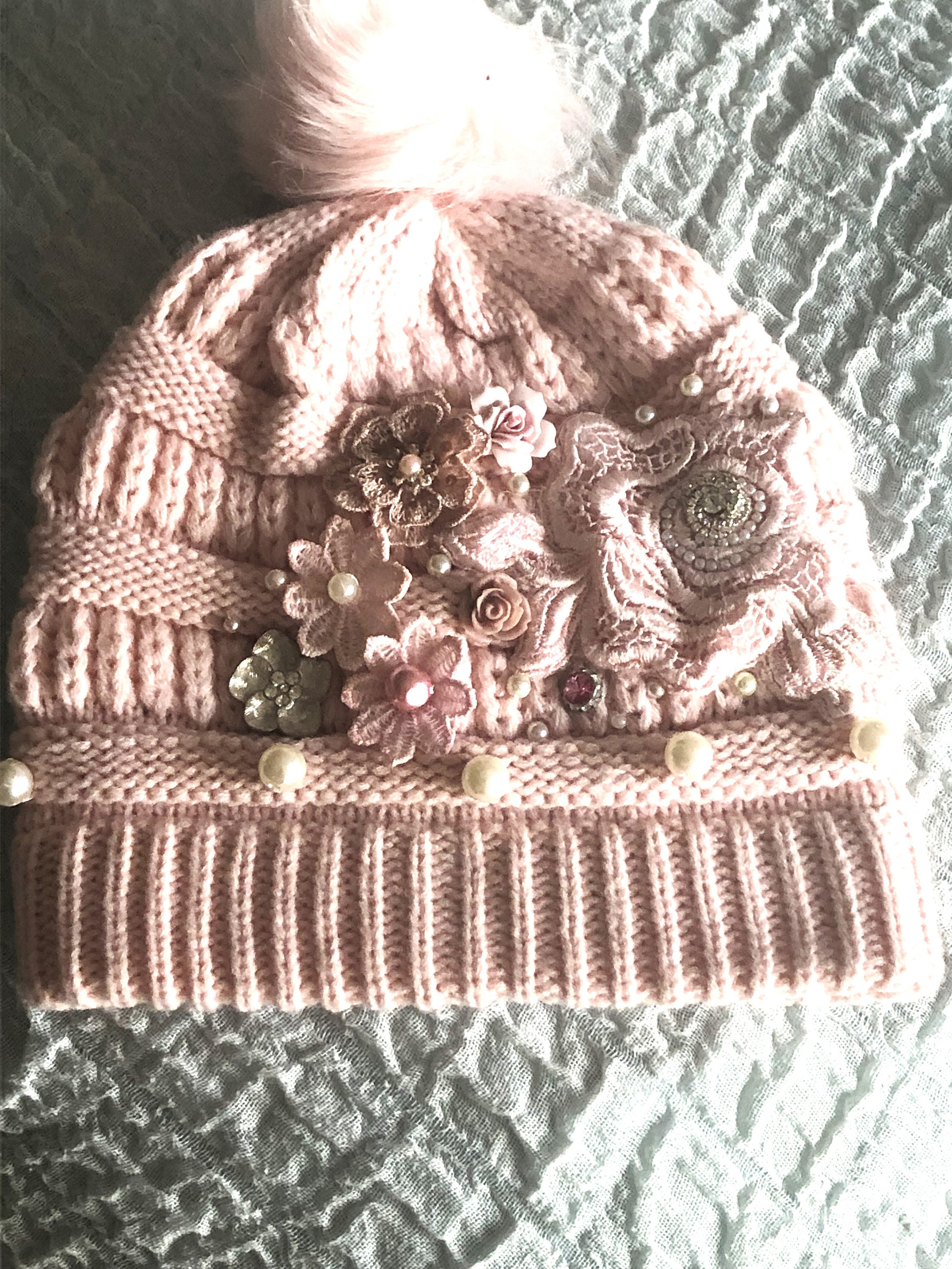 Pink Knit Wool Boho Hat, Glam Beanie Pompom, Embellished Winter Hat ...
