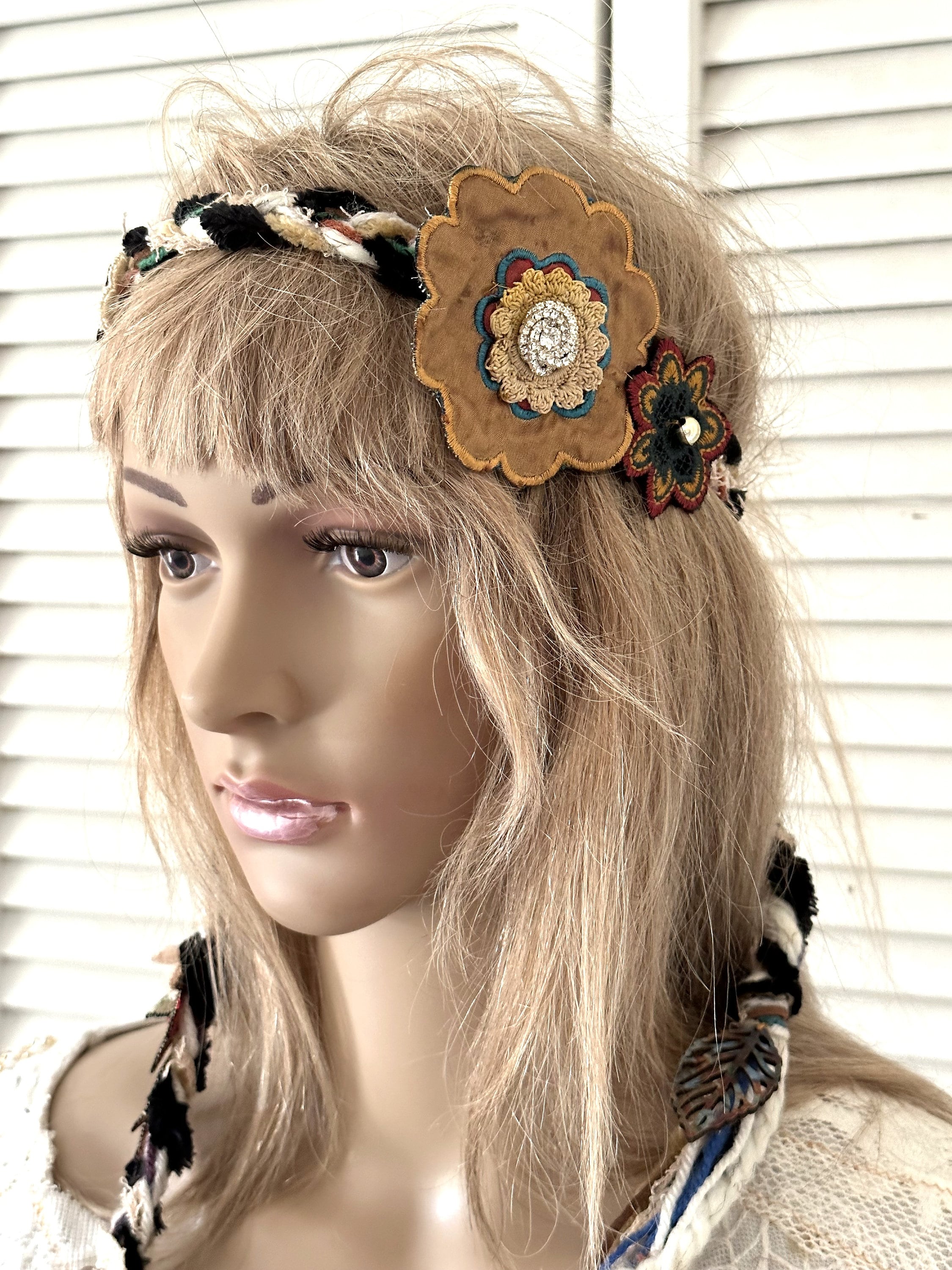 Hippie Chic Boho Yarn and Leather Headband, Long Tie Backs Wooden ...