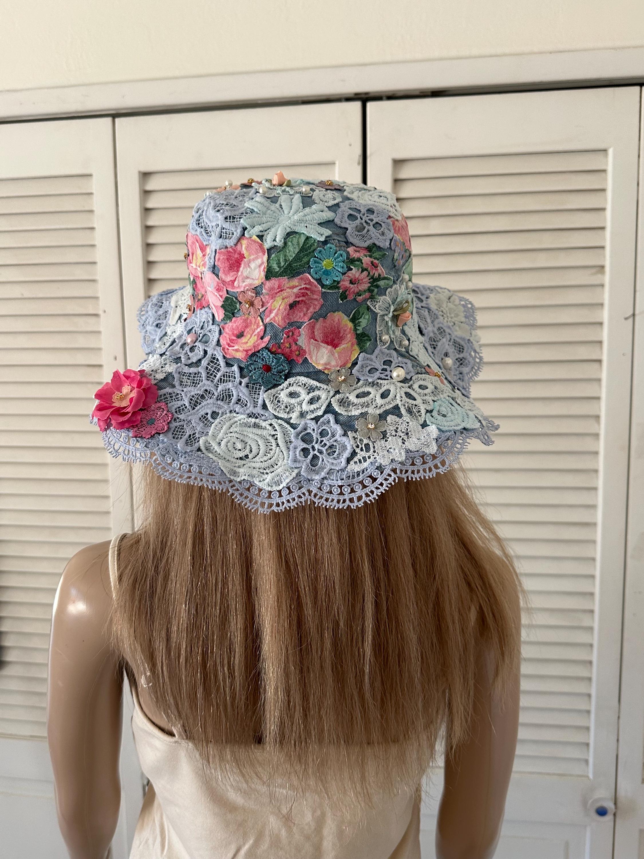 Shabby Chic Lace Bucket Hat: Handmade Crochet Floral Boho Sun Hat, Blue ...