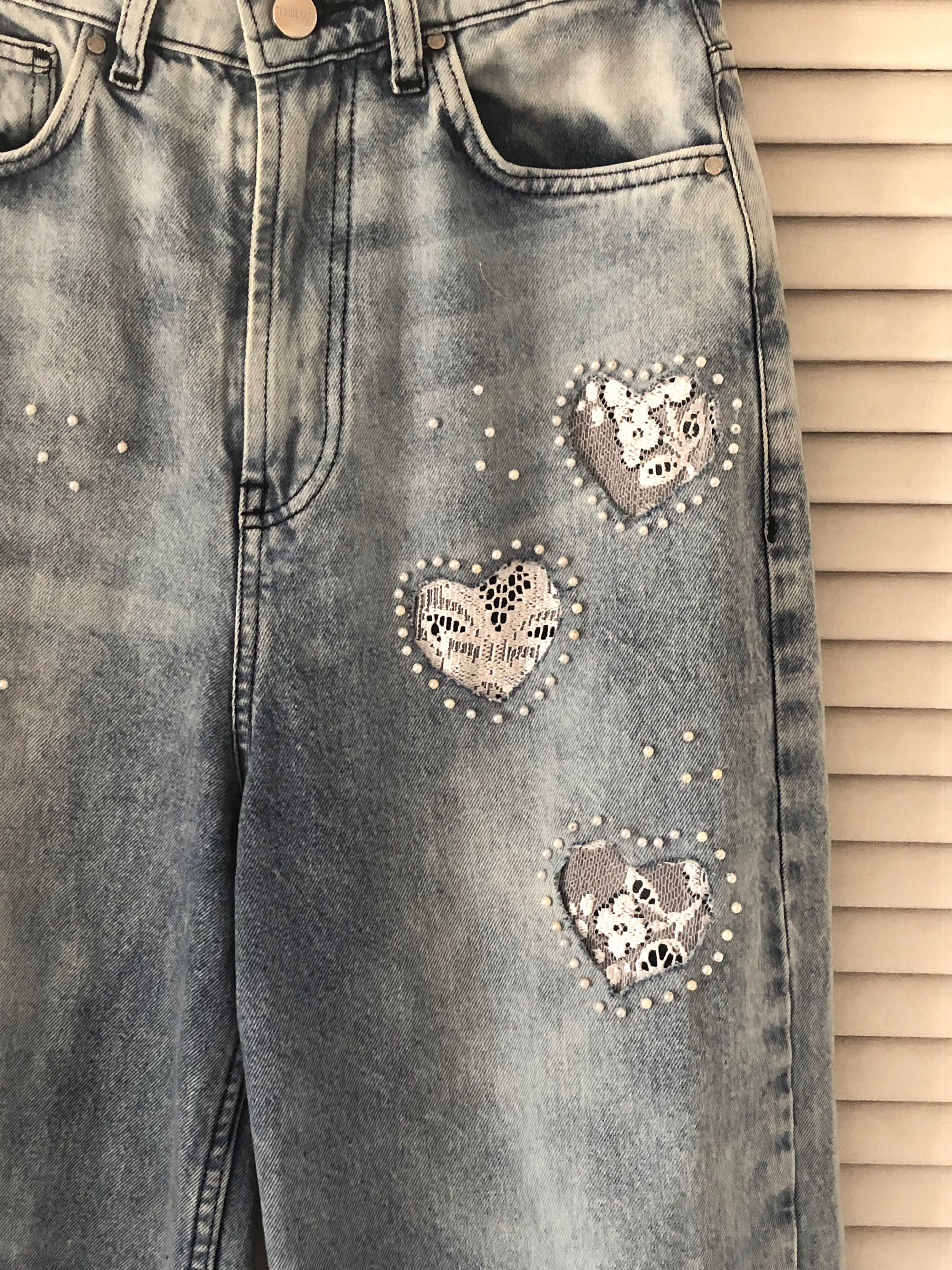 Women's Lace Cut Out Jeans, High Rise Stone Wash, Cut Out Hearts, Lace ...
