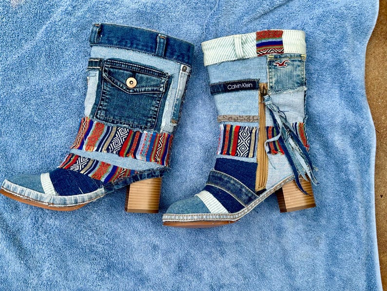 Upcycled Denim Boots: Boho Hippie Style, EU 39 / US 8 - Etsy