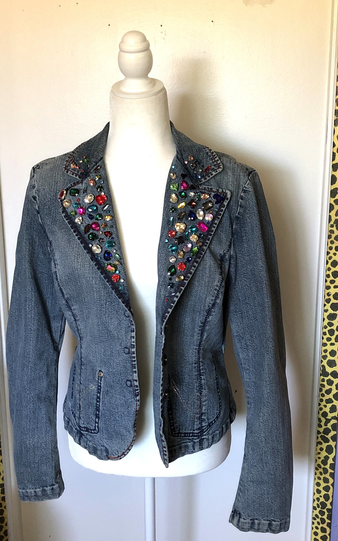 SALE Denim Rhinestone Jacket Hand Sewn Multi Color Rhinestone - Etsy