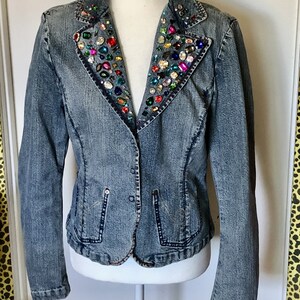 SALE Denim Rhinestone Jacket, Hand Sewn Multi Color Rhinestone Denim ...