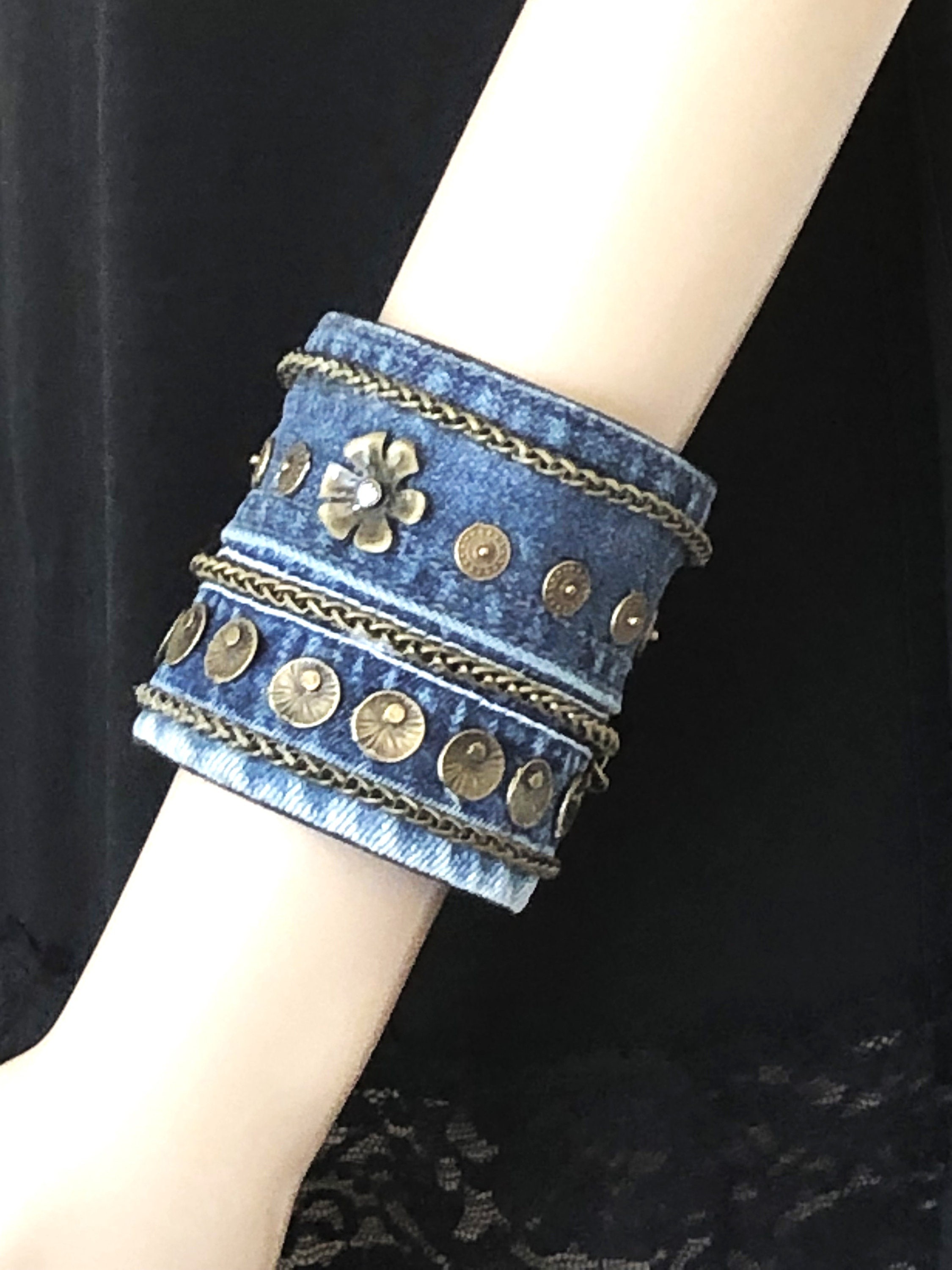 Wide Demim Cuff Bracelet, Chunky Rocker Denim Bracelet, Decorated Cuff ...