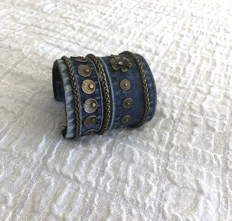 Wide Demim Cuff Bracelet, Chunky Rocker Denim Bracelet, Decorated Cuff ...