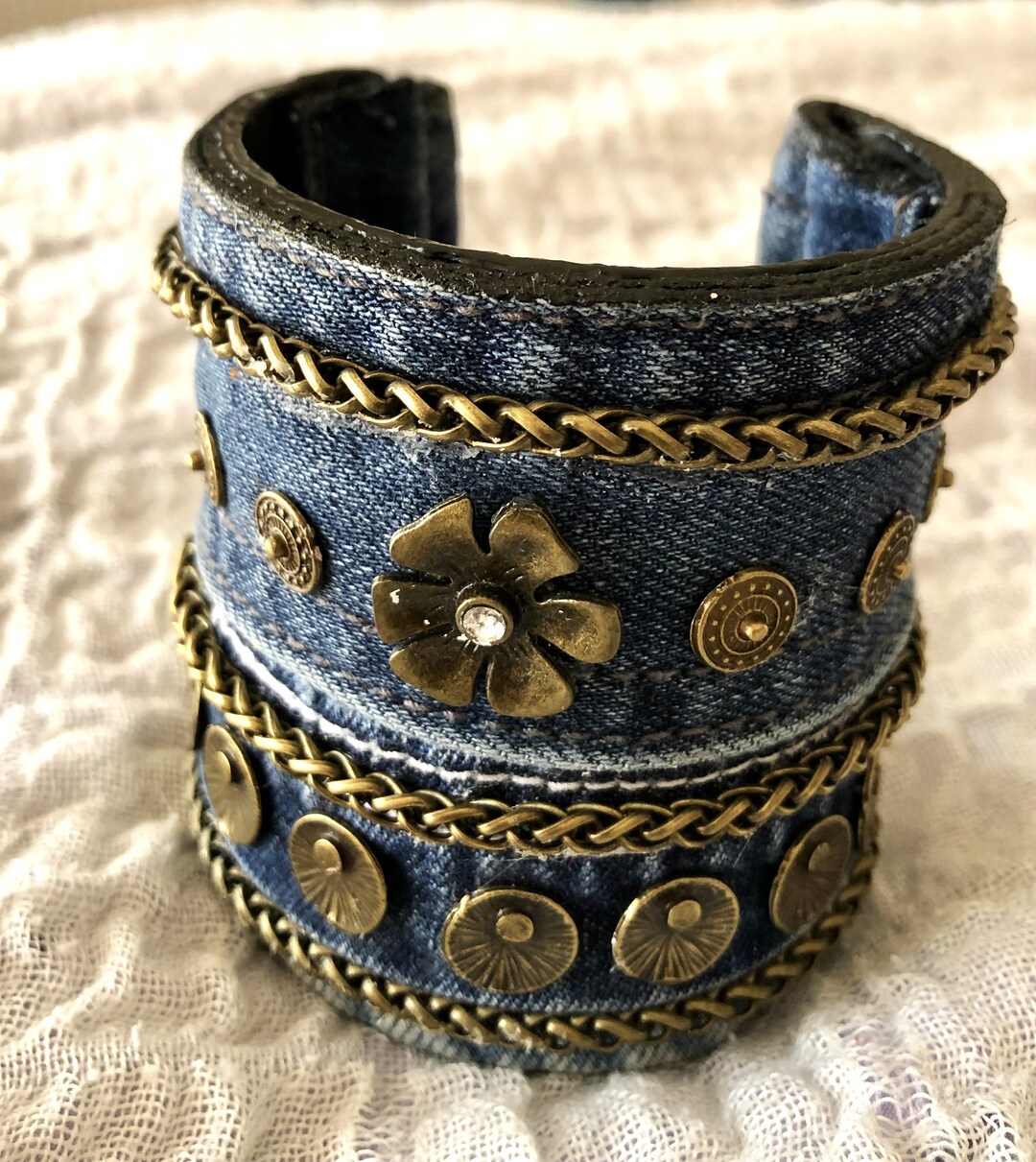 Wide Demim Cuff Bracelet, Chunky Rocker Denim Bracelet, Decorated Cuff ...