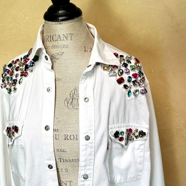 Rhinestone Denim Shirt - Etsy