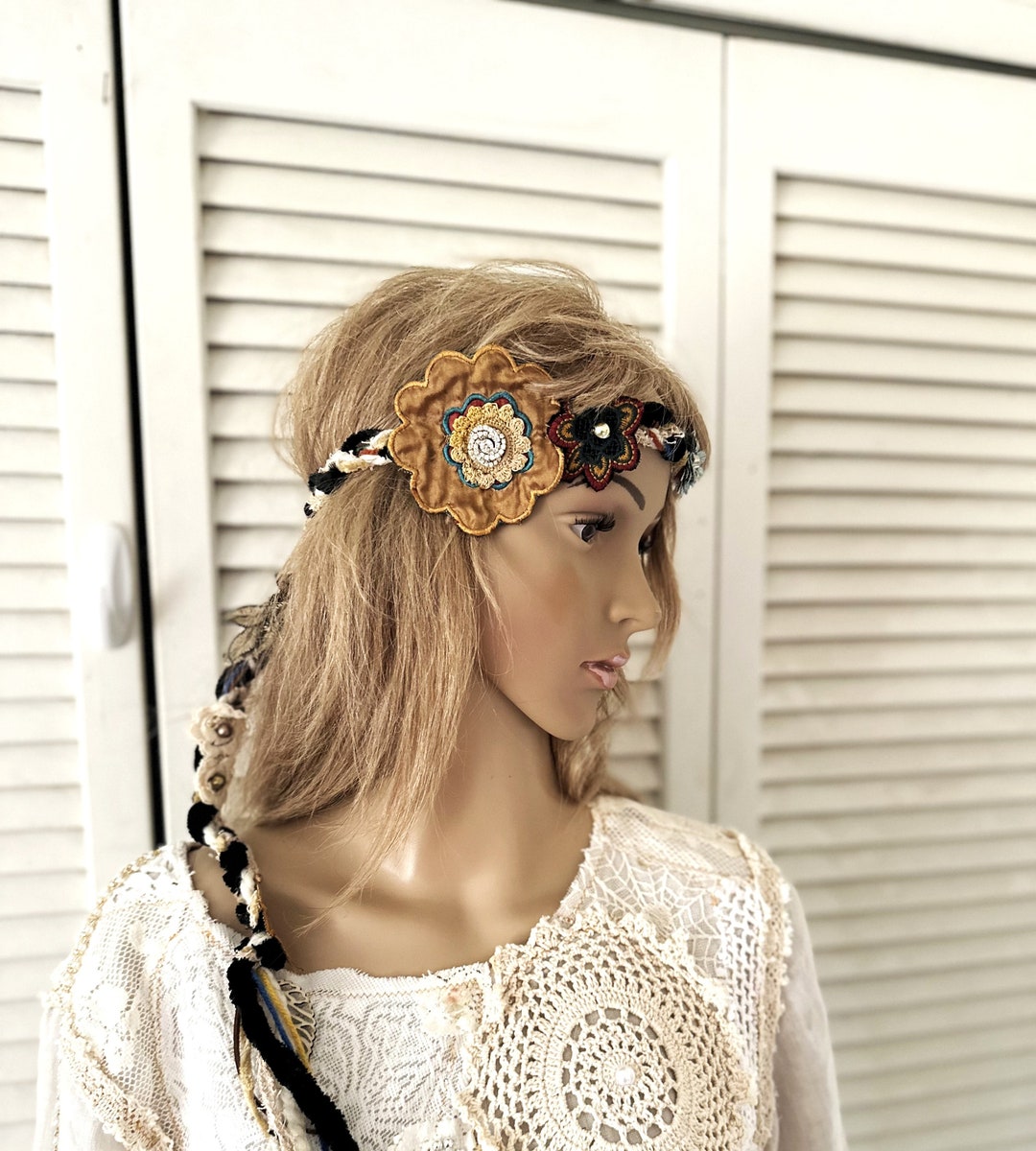 Hippie Chic Boho Yarn and Leather Headband, Long Tie Backs Wooden ...