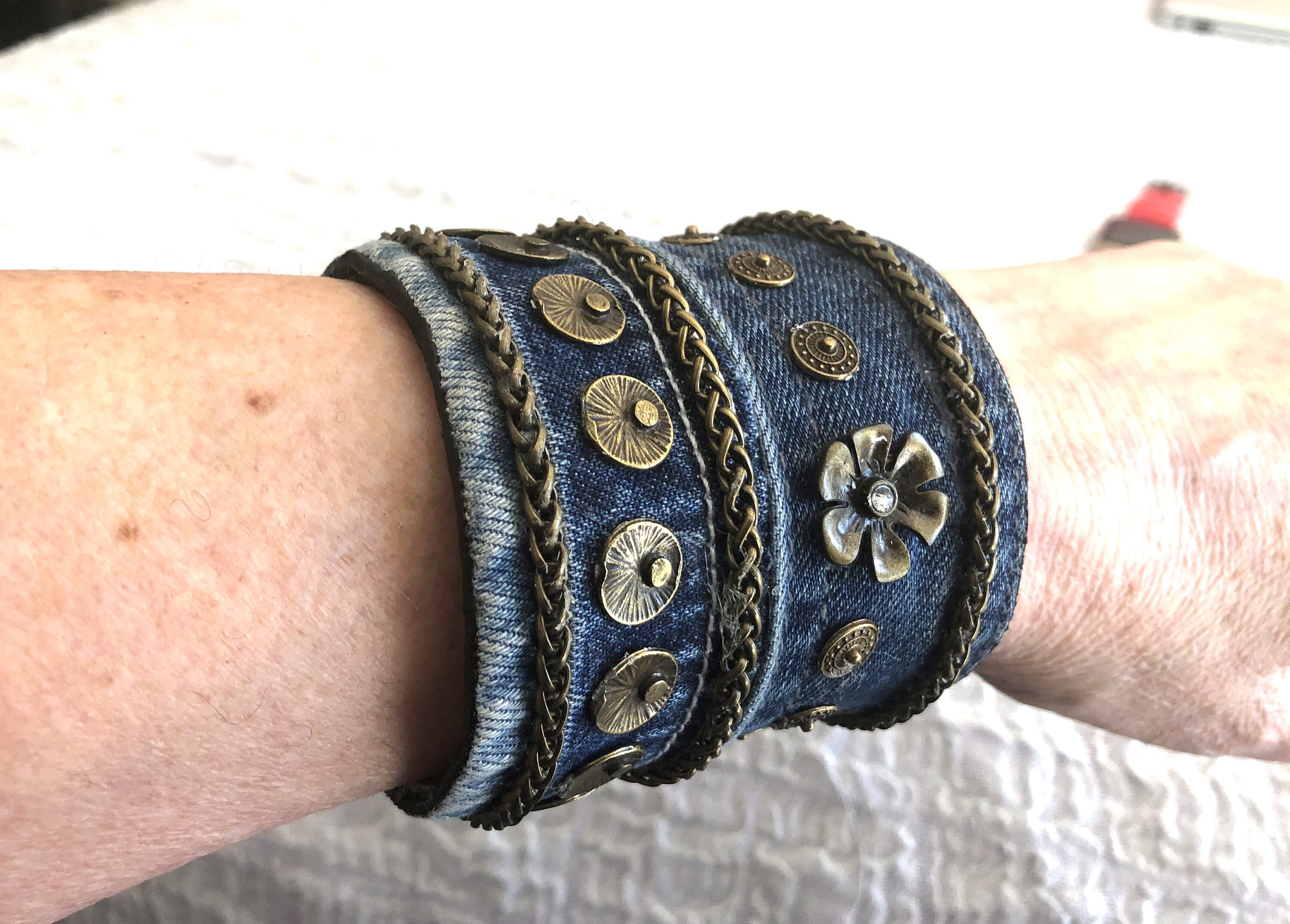 Wide Demim Cuff Bracelet, Chunky Rocker Denim Bracelet, Decorated Cuff ...