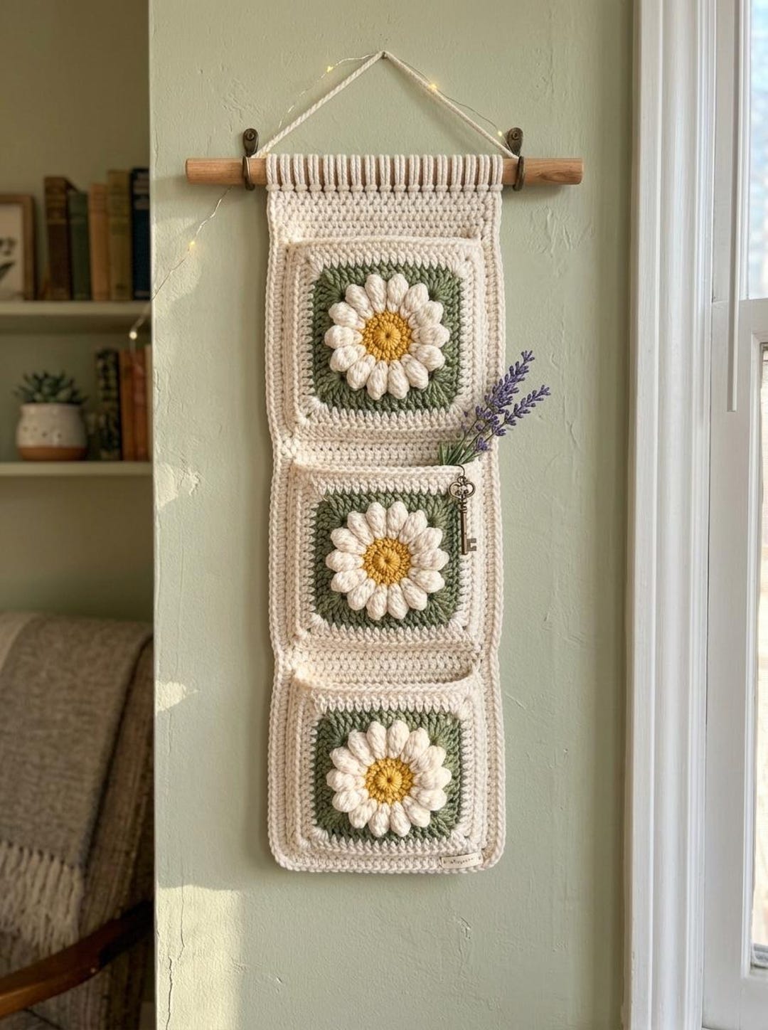 Crochet Daisy Wall Organizer Pattern, Floral Pocket Wall Hanging ...
