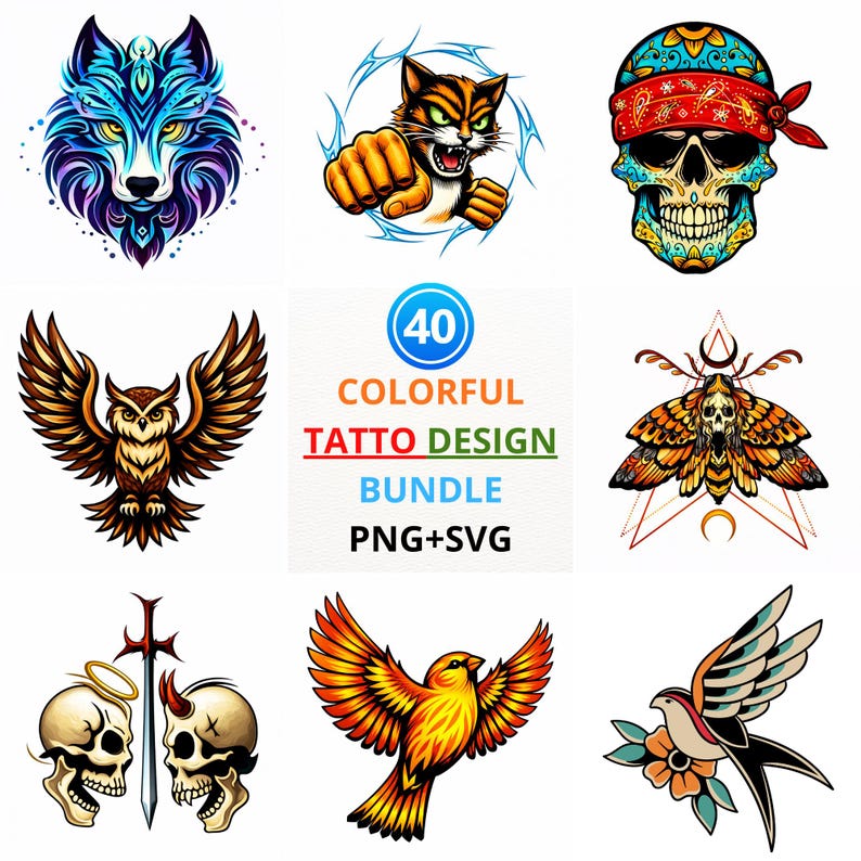 40 Traditional Tattoo Designs Bundle. PNG and SVG Files for Cricut and ...