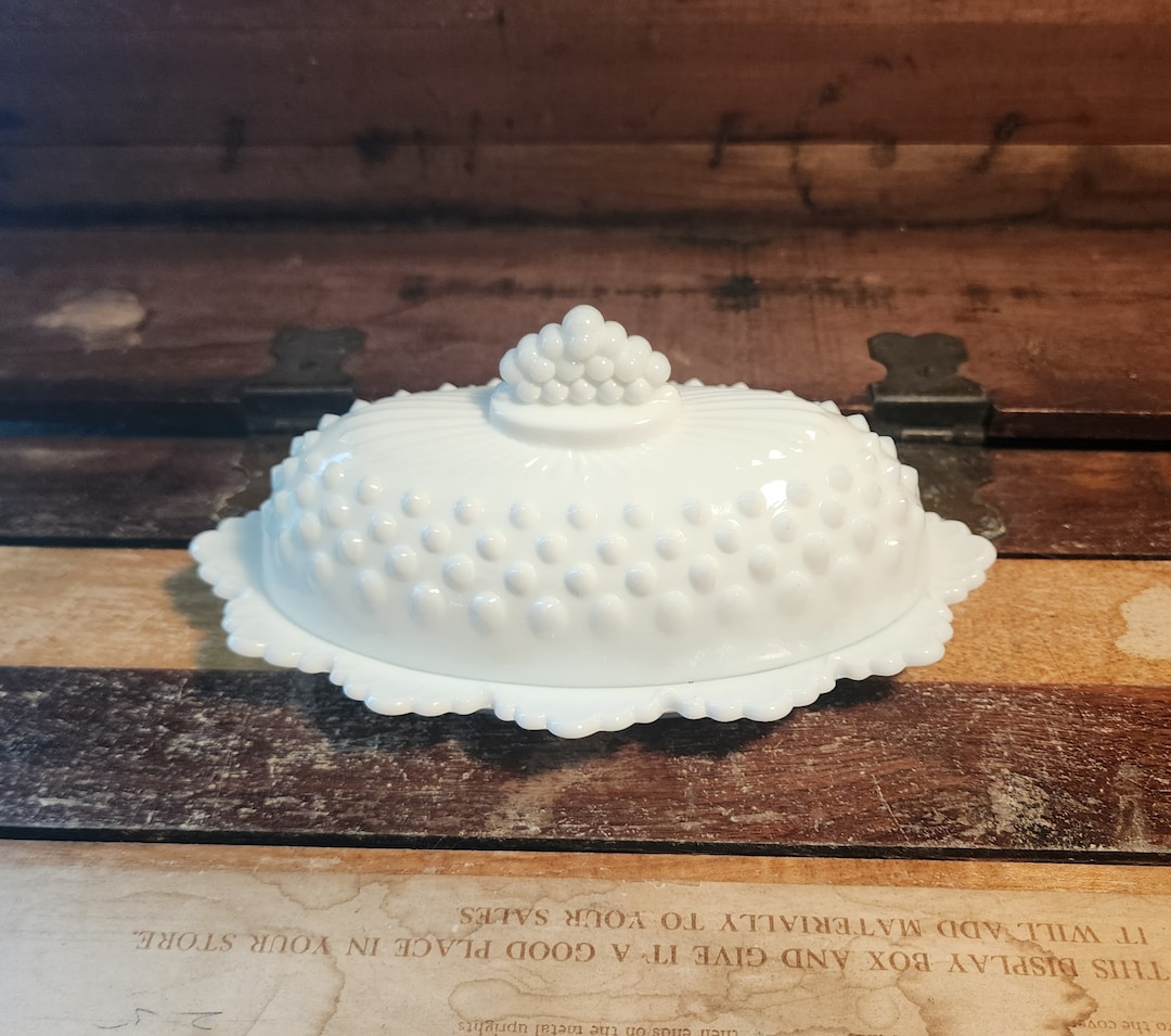 White Milk Glass Hobnail Crown Fenton Butter Dish and Lid Vintage - Etsy