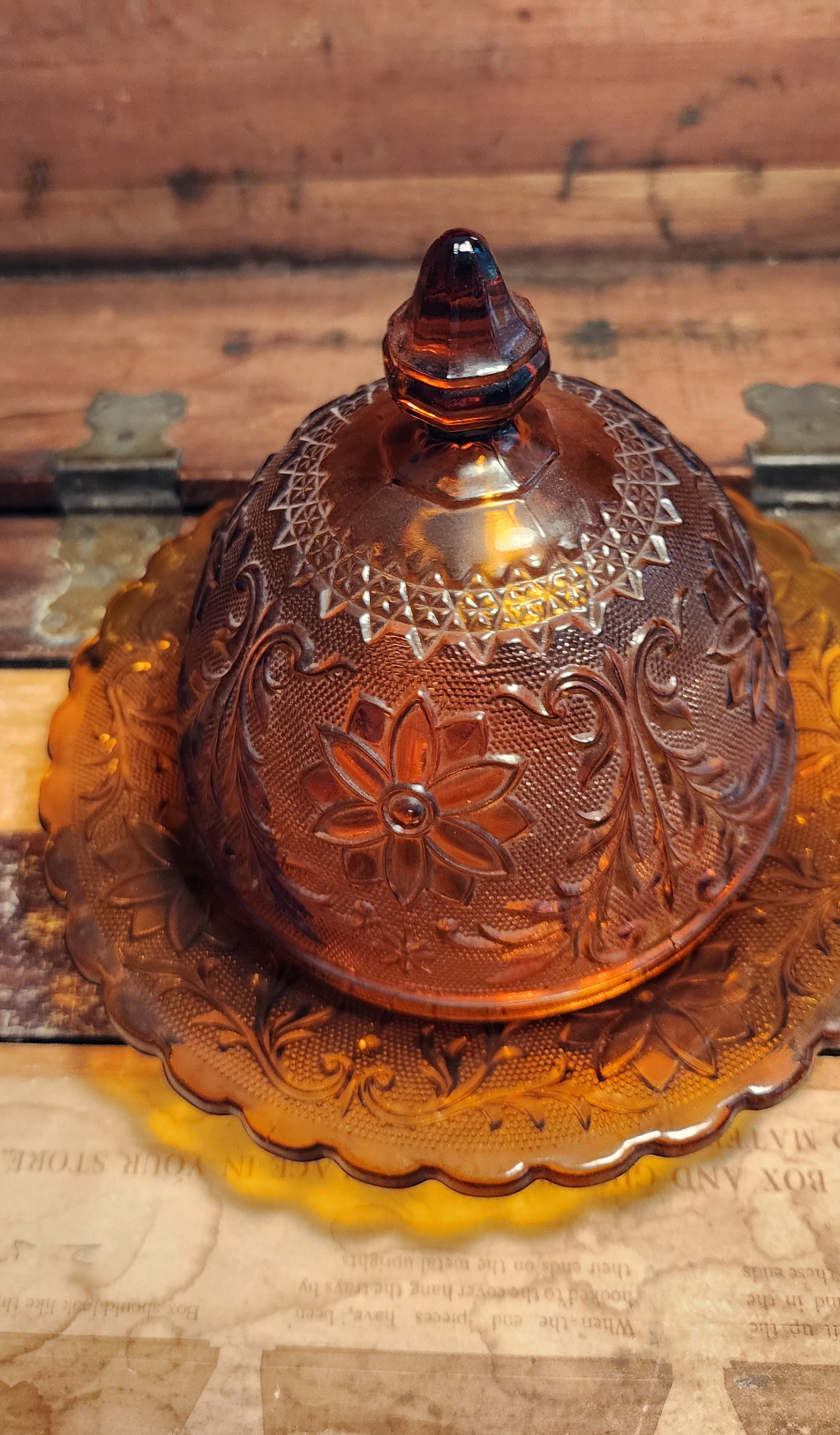 Round Covered Butter Amber Sandwich Pattern Tiara Indiana Glass Vintage ...
