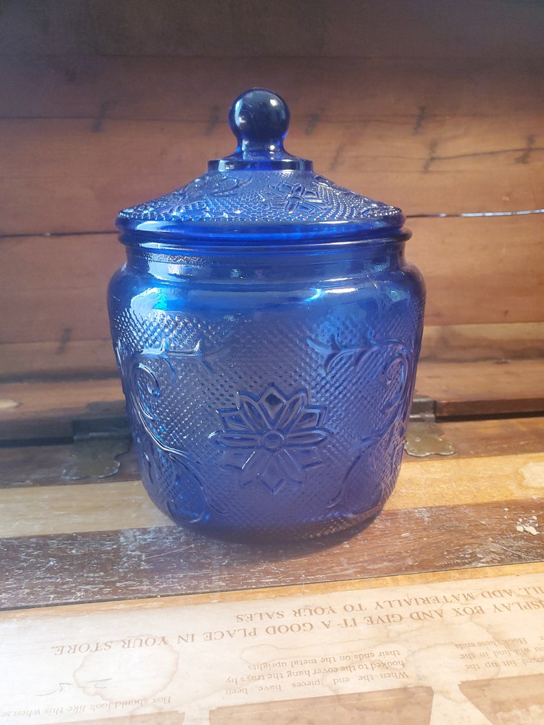 Cobalt Blue Sandwich Glass Biscuit Jar Tiara Ware Vintage - Etsy