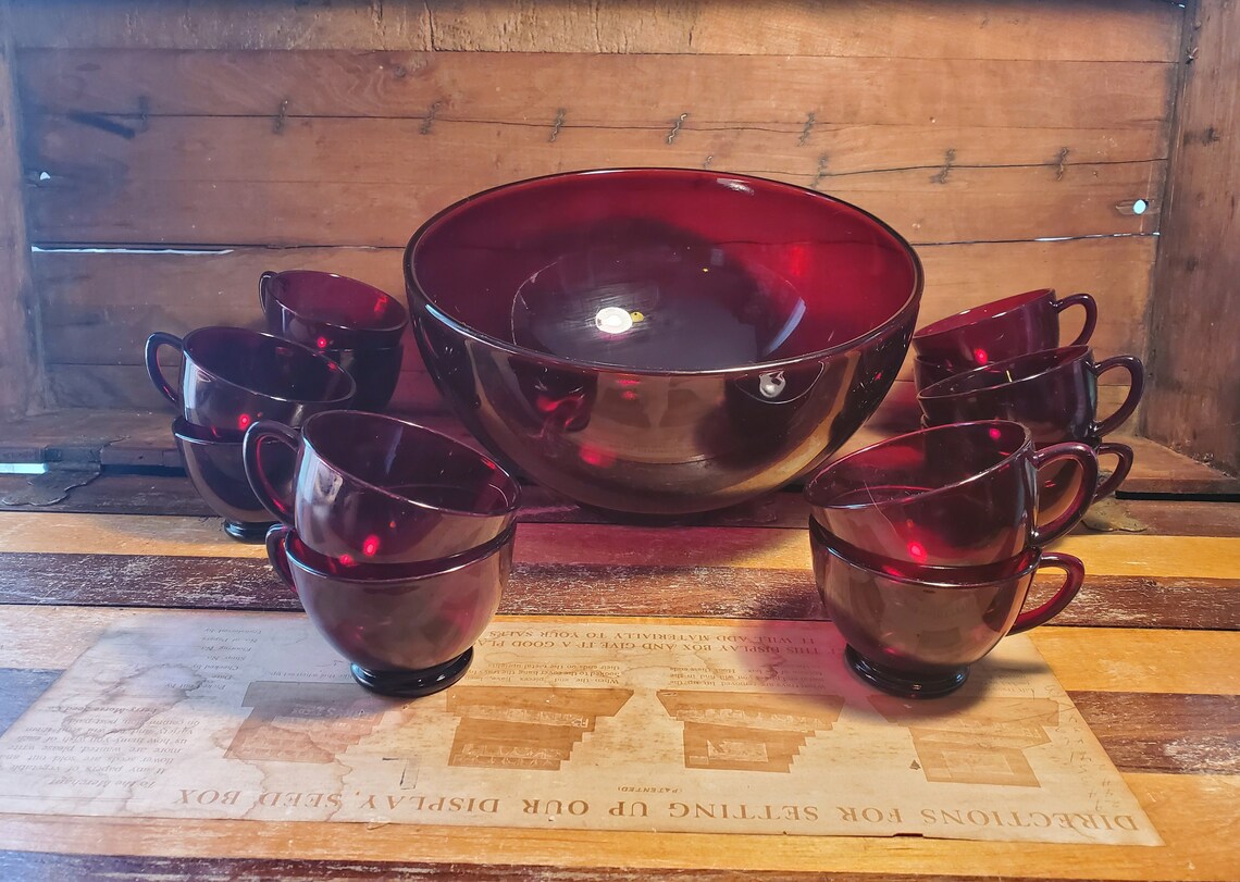 Punch Bowl Set Glass Royal Ruby Anchor Hocking Vintage - Etsy