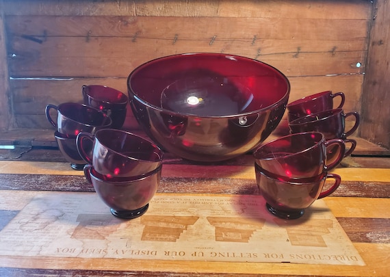 Punch Bowl Set Glass Royal Ruby Anchor Hocking Vintage - Etsy