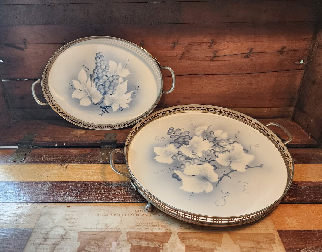 Delft White and Blue Porcelain Metal Serving Tray Grape Leaf Scene ...