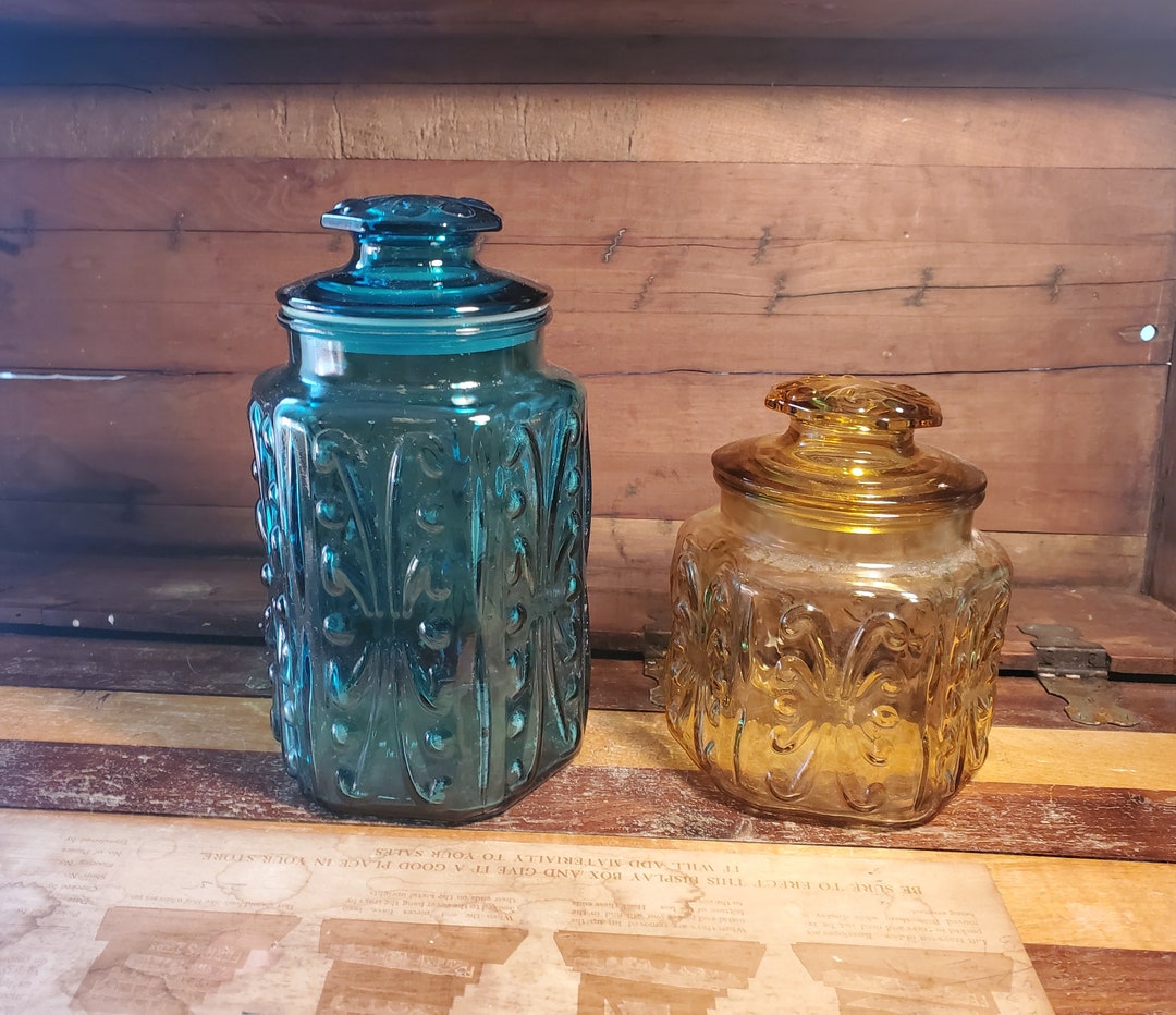 Large Teal Blue Small Amber Glass Canister Show off Federal Glass ...