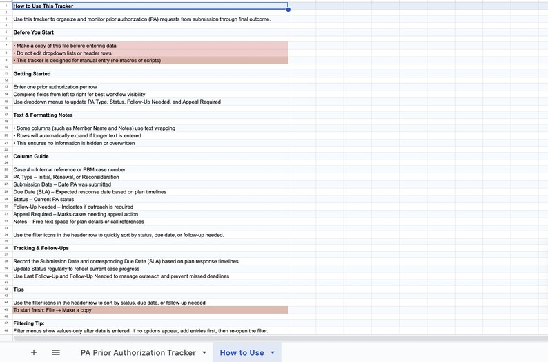 Prior Authorization Tracker | PBM Workflow Excel & Google Sheets Template (digital Download ...