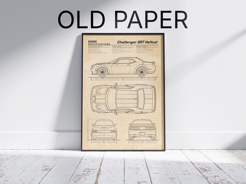 Dodge Challenger SRT Hellcat Blueprint Poster, Muscle Car Wall Art ...