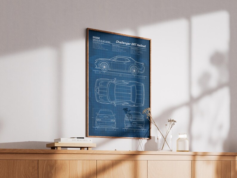 Dodge Challenger SRT Hellcat Blueprint Poster, Muscle Car Wall Art ...