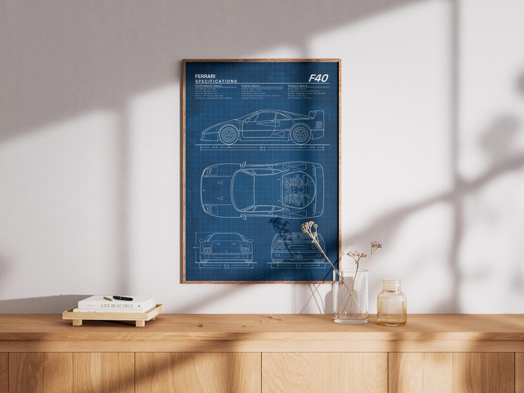 Ferrari F40 Blueprint Framed Poster, Supercar Wall Art - Etsy