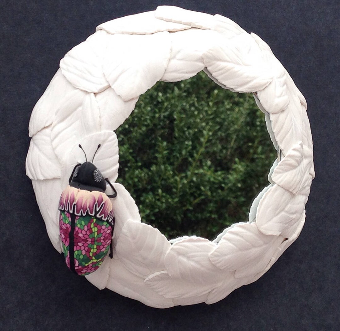 White Clay Mirror Leaves Whimsical Beetle Bug Insect Wall Art Sculpture ...