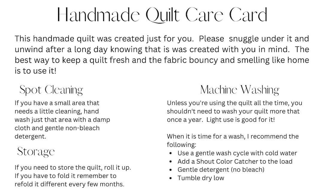 Quilt Care Card PDF Download, Printable Quilt Care Card, Quilt Care ...