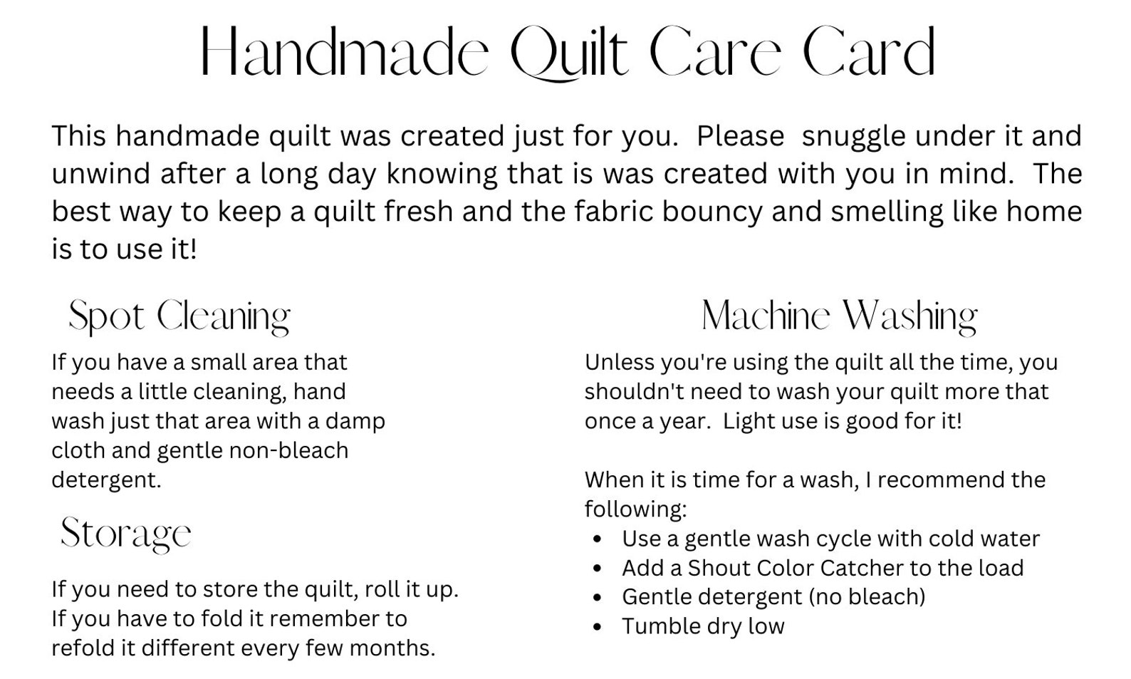 Quilt Care Card PDF Download, Printable Quilt Care Card, Quilt Care ...