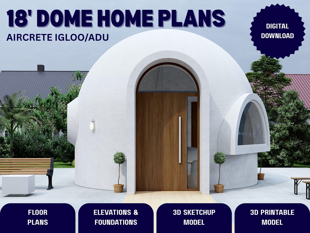 18ft Dome Home Plans | Aircrete Igloo ADU Blueprints + 3D Sketchup + 3D ...