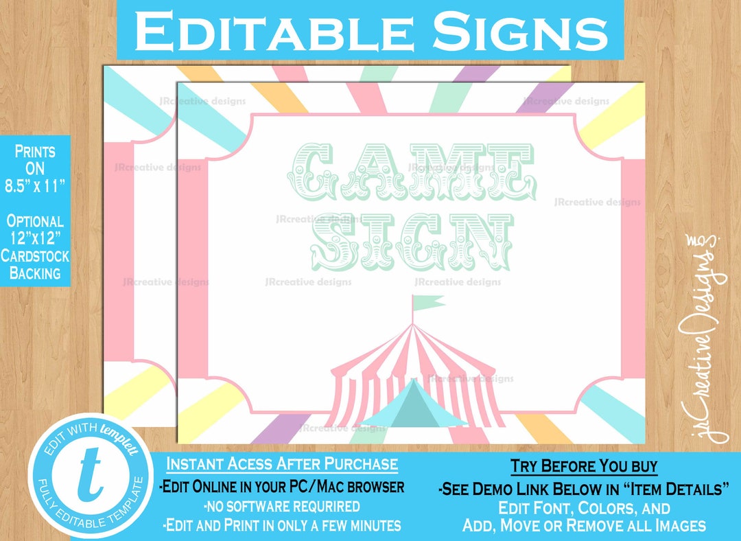 Carnival Game Signs Pastel Girl Circus Game Signs Pink Carnival Signs ...