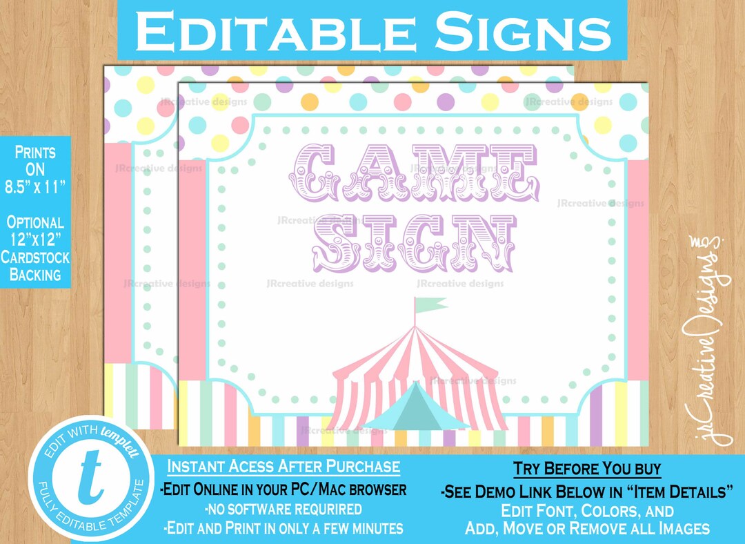Circus Game Signs Pastel Girl Carnival Game Signs Pink Carnival Signs ...