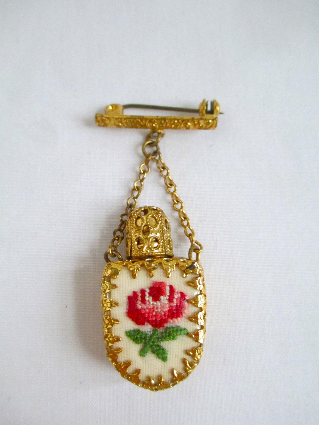 Perfume Bottle Brooch, Vintage 1940s Petit Point Flower Miniature Scent ...
