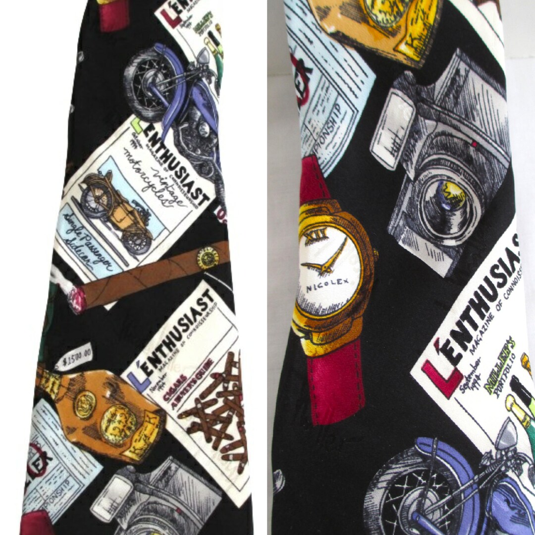 Vintage Necktie 1995 Nicole Miller Motorcycle, Cigar, Watches Etc ...
