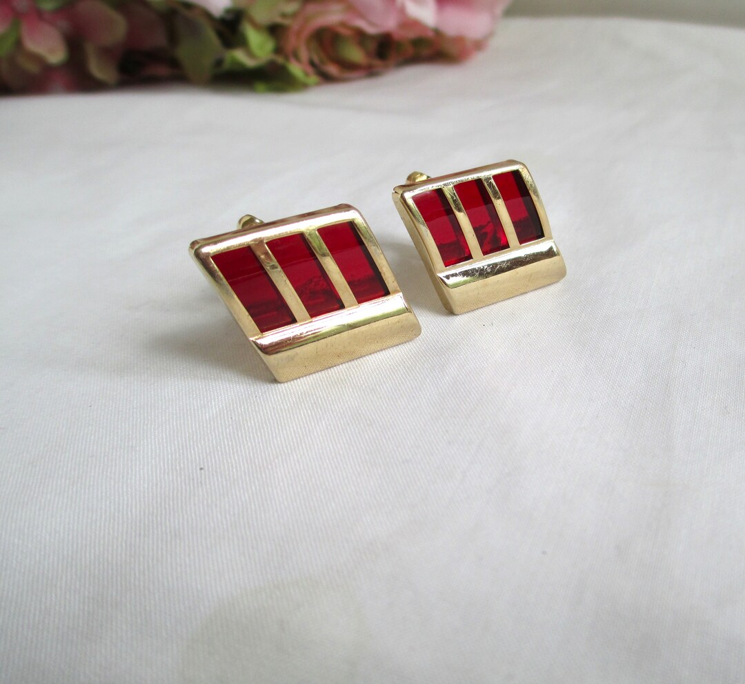 Vintage Cufflinks Anson Red Glass Grill Cufflinks Gold Tone Mens ...