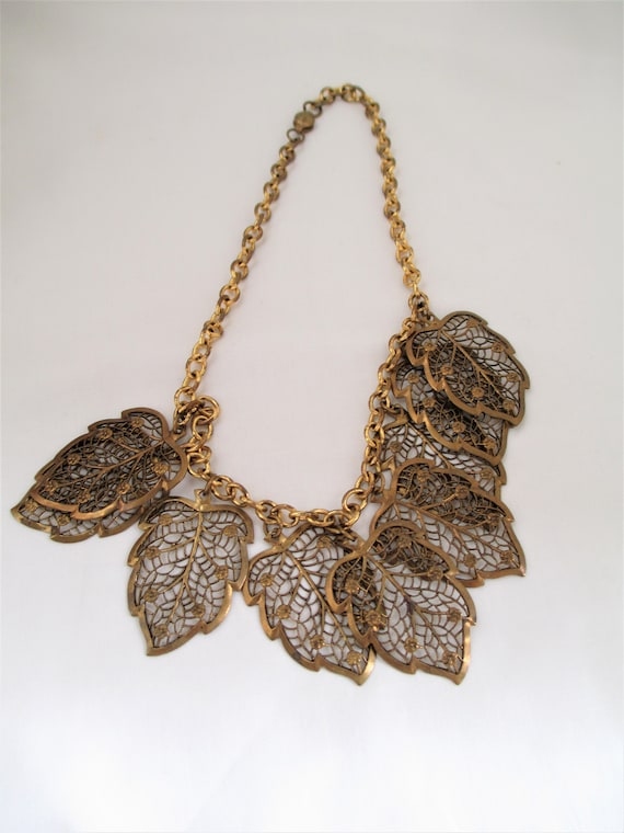 Vintage Brass Filigree Large Leaves Statement Necklac… - Gem