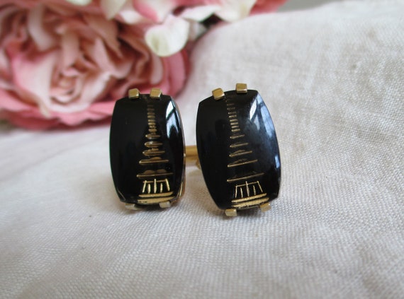 Vintage Swank Reverse Carved Pagoda Temple Cufflinks … - Gem